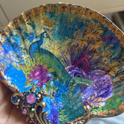 Decoupaged Shell Jewelry Dish, Peacock and Roses Shell Jewelry, Coastal ...