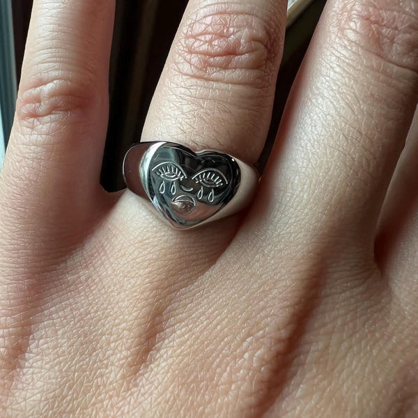 Crying Heart Tattoo Ring 18K Gold Plated Signet Heart Shaped Size US 5 ...