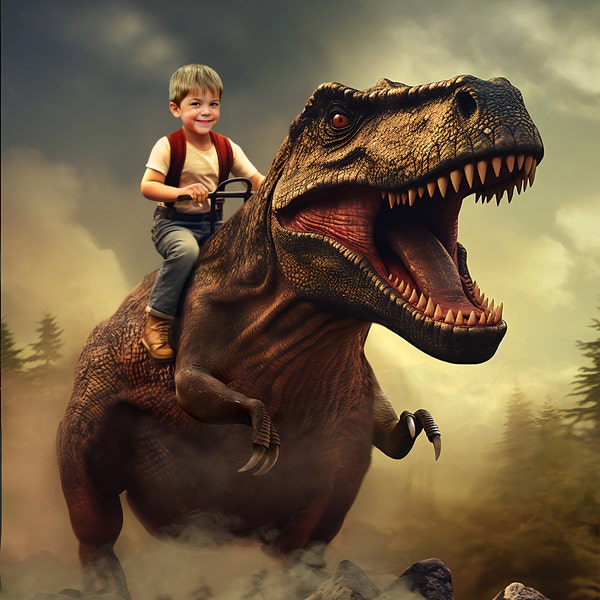 Kind reitet Godzilla, Godzilla Kunst, individuelles Porträt vom Foto ...