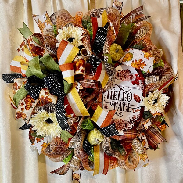 Wreath Sign, Oval Fall Wreath Sign, Hello Fall Neutral Themed Wreath ...