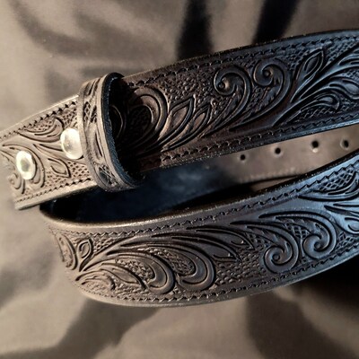 Full Grain Leather Snap-on Belt, Tooled Western Floral Engraved Leather ...