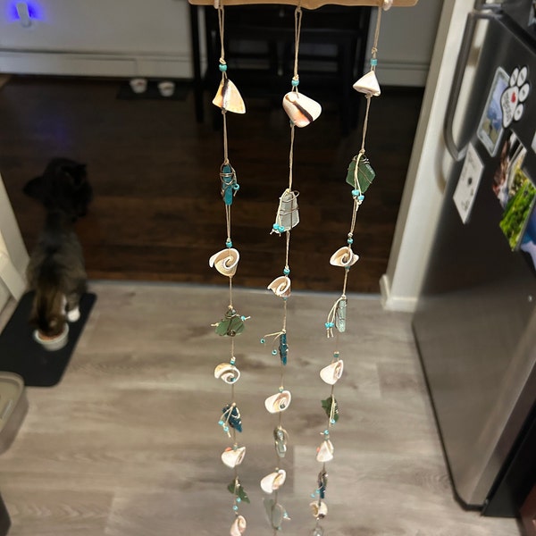 Beach Glass Mobile Driftwood Shell Hanger 3 Strands Ocean Decor Sea ...