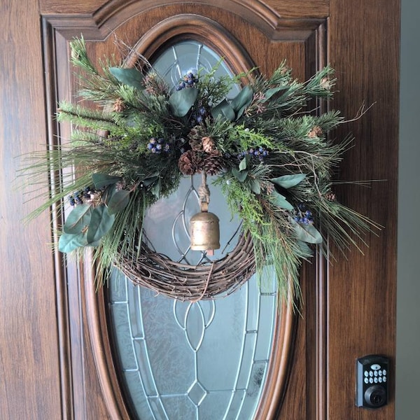Winter Wreath With Rustic Brass Bell |housewarming Gift | Rustic Style ...