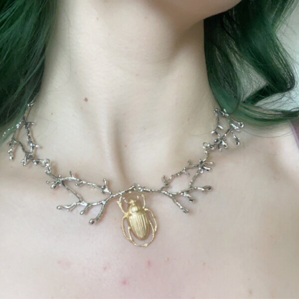 June Bug // Beetle and Silver Branch Necklace - Etsy