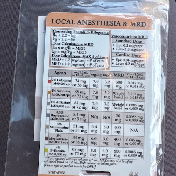 Local Anesthesia. Quick Reference Card, Study Card, Dental Hygiene ...