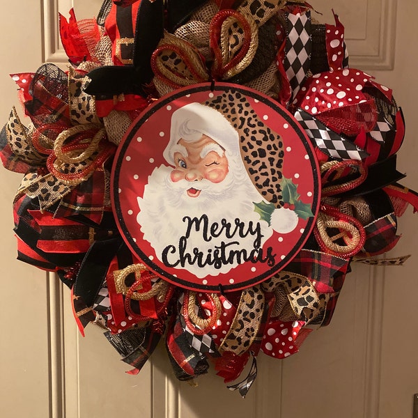 Leopard Santa Christmas Wreath, Leopard Print Christmas Wreath ...