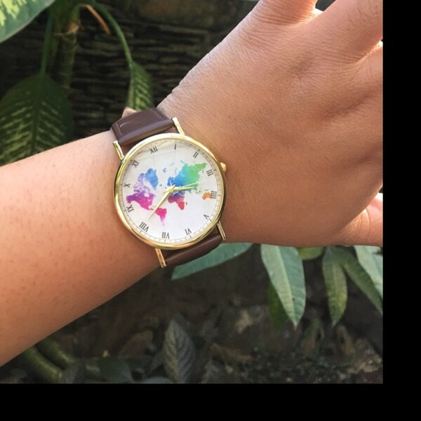 Colorful World Map Watch | Travel Gift | Cartography | Leather Watch ...