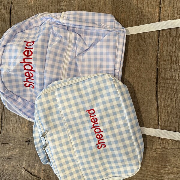 Monogram Gingham Backpack Lunchbox Set: Pink Ruffle, Blue Bookbag - Etsy