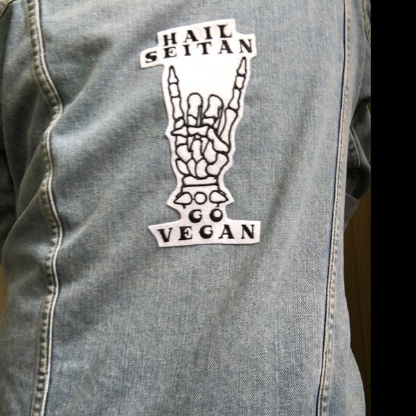 Hail Seitan - Vegetarian - Devil Horns Skeleton Hand Bones Iron on ...