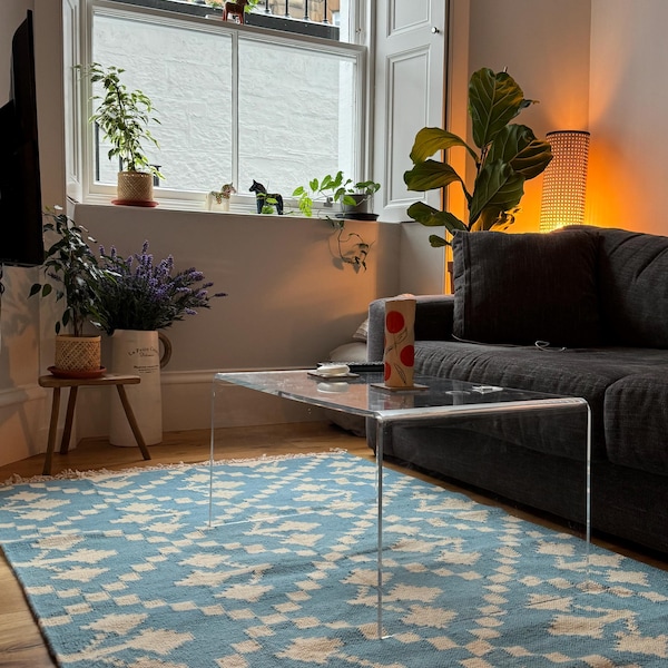 Cotton Wool Blue and White Handmade Rug, Handwoven Modern Flatweave ...