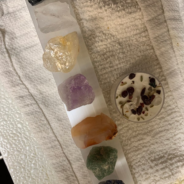 Raw Crystal 7 Chakra Set With Selenite Plate Chakra Kit Healing