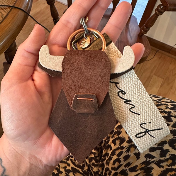 Cow Keyring Accessory Leather Key Ring Cute Cow Rearview Mirror ...