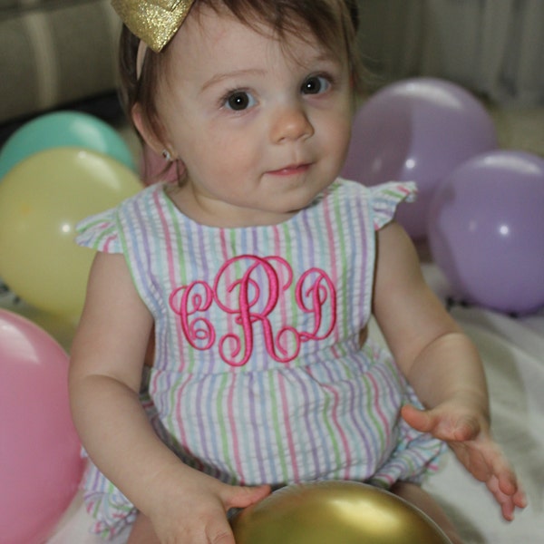Monogrammed Baby Girl Rainbow Ruffle Bubble With Hot Pink Monogram, Seersucker Girls Bubble ...