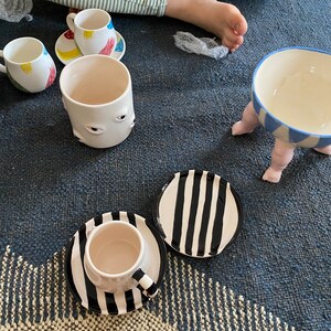 Hand Painted Plain Eyes Striped Handle Clay Coffee Mug, Funky Mug ...