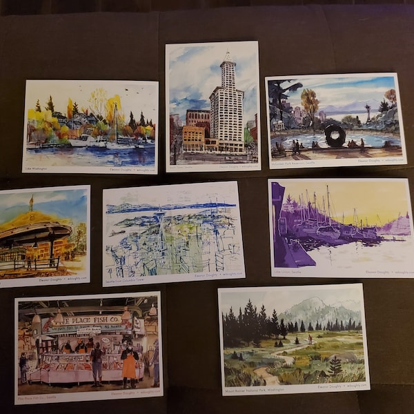 SEATTLE POSTCARDS | Set of Eight (8) Assorted 4x6" Illustrated Pacific ...