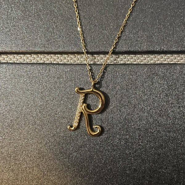 14k Solid Gold Letter R Moissanite Necklace / Real Gold Unique Design ...