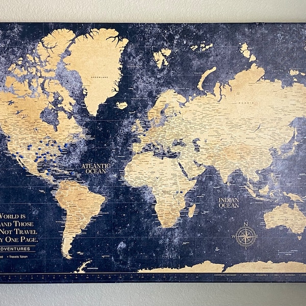 Gold & Navy Textured World Push Pin Map on Premium Canvas With ...