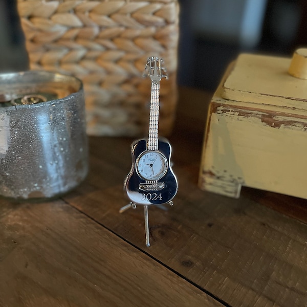 Custom Mini Silver Alloy Acoustic Guitar Desk Clock - Personalized ...