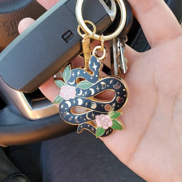 Snake Enamel Keychain Key Ring - Magical W. Moon Phases & Flowers ...