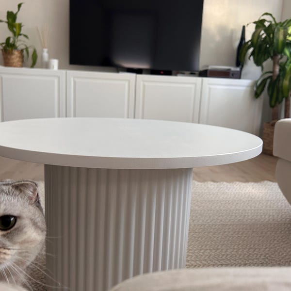 Round Fluted Table Wooden Fluted Table Creamy White Coffee Table Ribbed ...