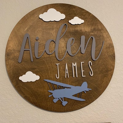 Airplane Nursery Name Sign, Round Name Sign, Airplane Nursery, Boy Name ...