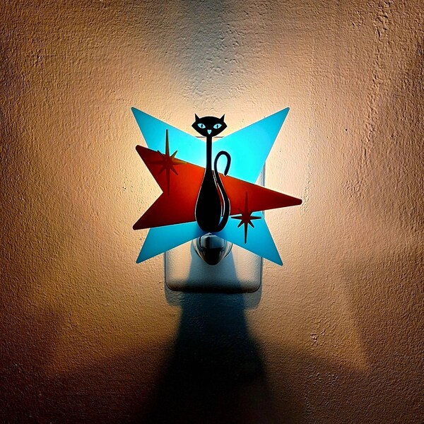 Mid Century Modern Night Light: Black Cat Acrylic Atomic Wall Decor - Etsy