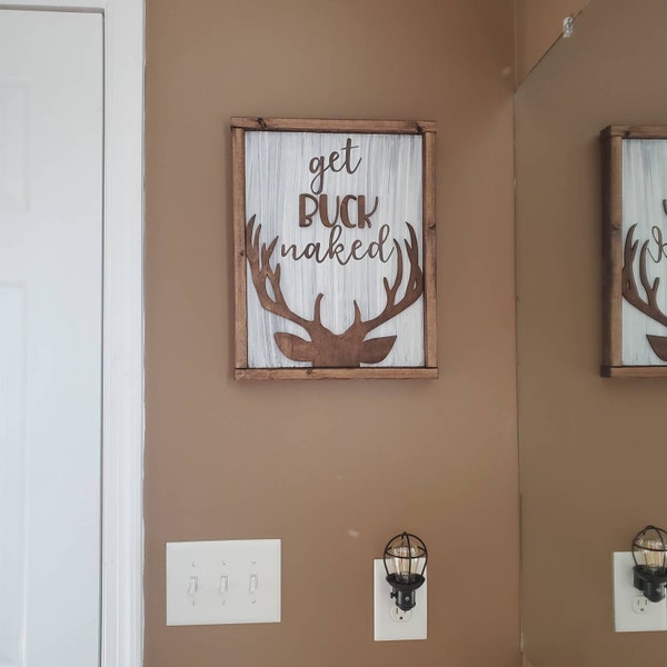 Get Buck Naked Bathroom Sign, Funny Farmhouse Style Wood Sign, Rustic ...