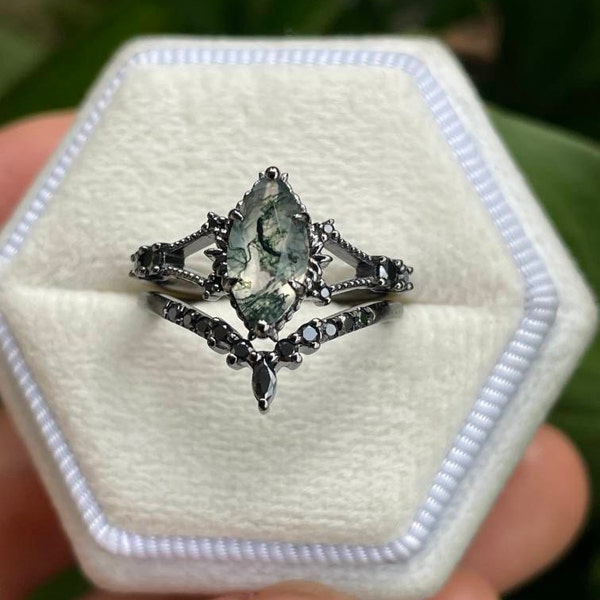 Gothic Natural Moss Agate Engagement Ring Set Rhodium Black Gold ...