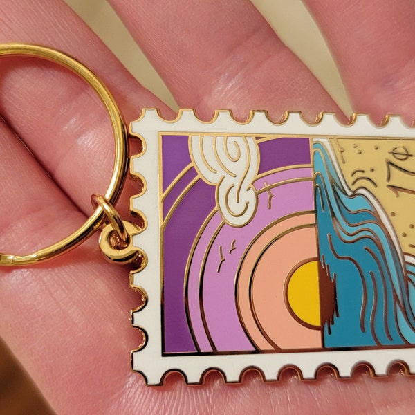 Sunset Shore Stamp Enamel Keychain // Ocean Keychain / Stamp Keychain ...