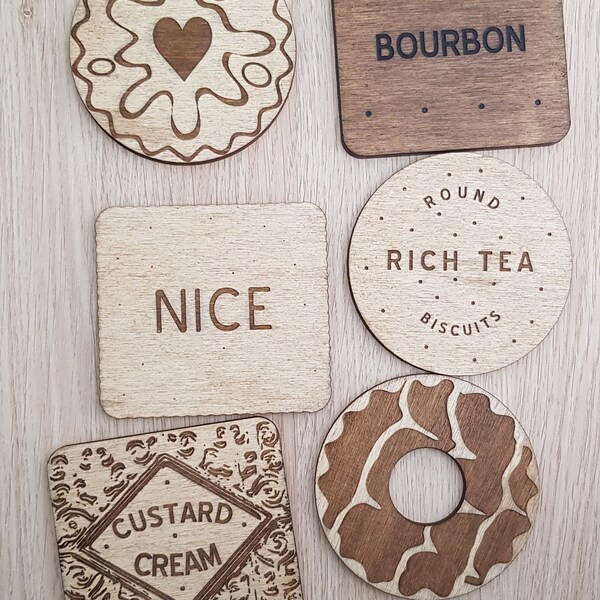 Set of 6 Classic Biscuit Coasters Wooden Bourbon, Custard Cream, Rich ...