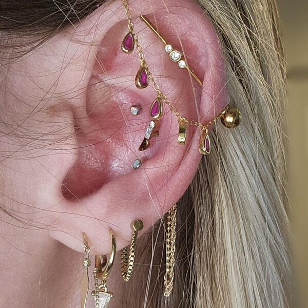 6mm-12mm, Dainty Emerald Teardrop Double Chain Helix Piercing ...