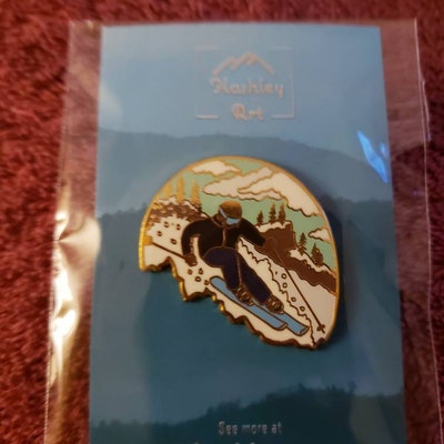 Skier Enamel Pin Badge, Snow Scape, Winter Mountain Scene Lapel Pin ...