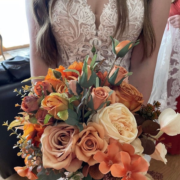 Burnt Orange Wedding Bouquet 16” Artificial / Autumn Orange Wedding ...