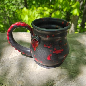 Tentacle Mug in Charcoal Black Glaze With Red Mottled Spots, Made to ...