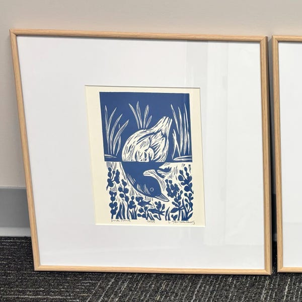Duck Pond Linocut Block Print in Blue, Original Wall Art Print for ...
