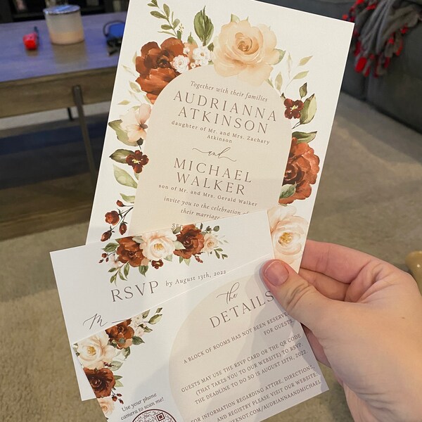 Floral Rust Wedding Invitation Template, Burnt Orange Arch Invitation ...