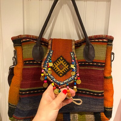 Heybe Tassel Saddlebag Long Crossbody Bags From Antique Kelim, Wine Carry Bag, Christmas ...