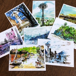 SEATTLE POSTCARDS Set of Eight 8 Assorted 4x6 Illustrated Pacific ...