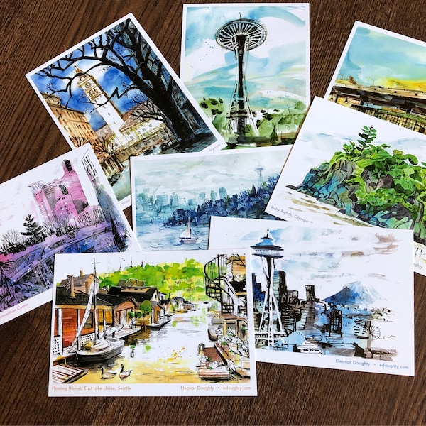 SEATTLE POSTCARDS | Set of Eight (8) Assorted 4x6" Illustrated Pacific ...