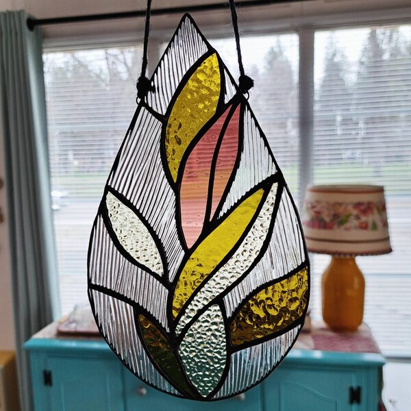 Modern Stained Glass Leaves Pattern, Printable Teardrop Leaves Stained ...