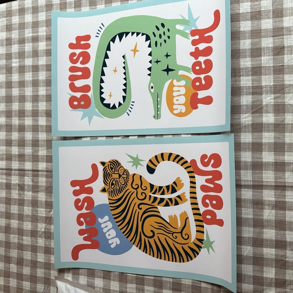 Tiger Wash Your Paws Bathroom Print Set, Fun Toilet Wall Art, Funny ...