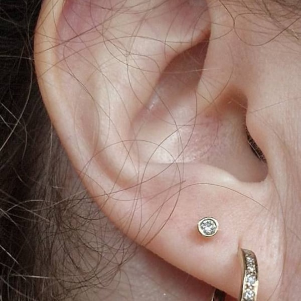Diamond Real Solitaire Tragus Earrings, 14K Gold Tragus Stud Piercing ...