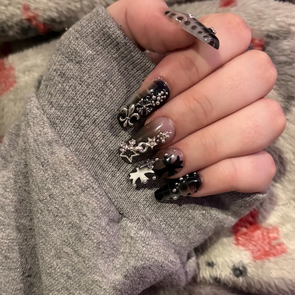 Be My Chrome Pearls French Tip Nails – Gothic Angelcore Cross & Orb ...