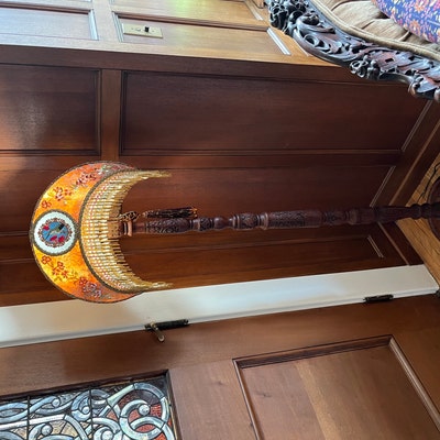 Handmade Crescent-shaped Lampshade Blue, Yellow, and Coral Silk ...