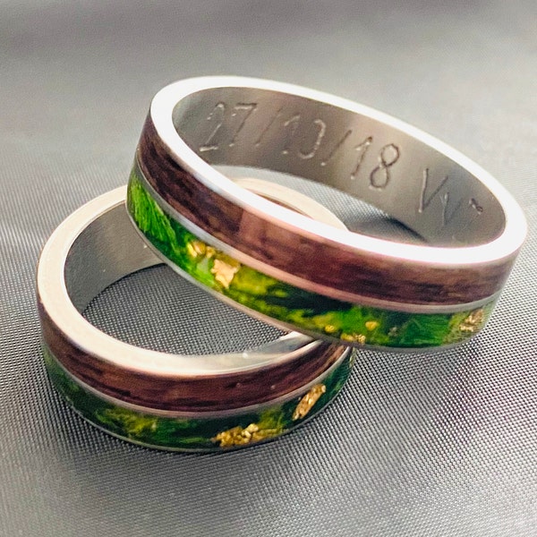 Titanium Wedding Band With Dark Oak, Titanium Ring With Hydrangea Green ...