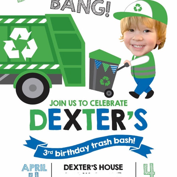Photo Trash Truck Birthday Invitation, Recycle Party (digital ...