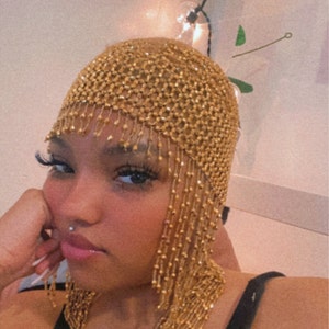 1920s Style FULLY Beaded Gold Fringe FLAPPER Head Cap Skull Headpiece ...