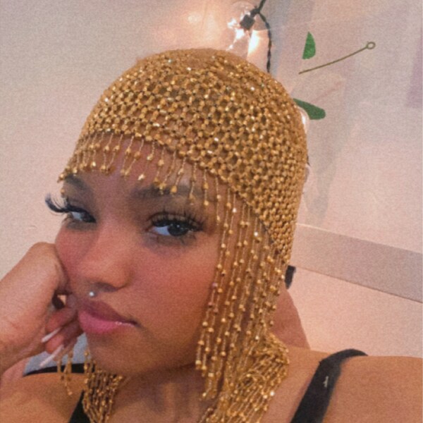1920s Style FULLY Beaded Gold Fringe FLAPPER Head Cap Skull Headpiece ...