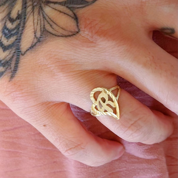 10k Solid Yellow Gold Slanted Heart Initial Letter Alphabet Ring - Etsy