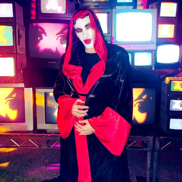 Satin Black Red Robe, Ritual Robe, Long Hooded Robe, Monk Robe, Magical ...